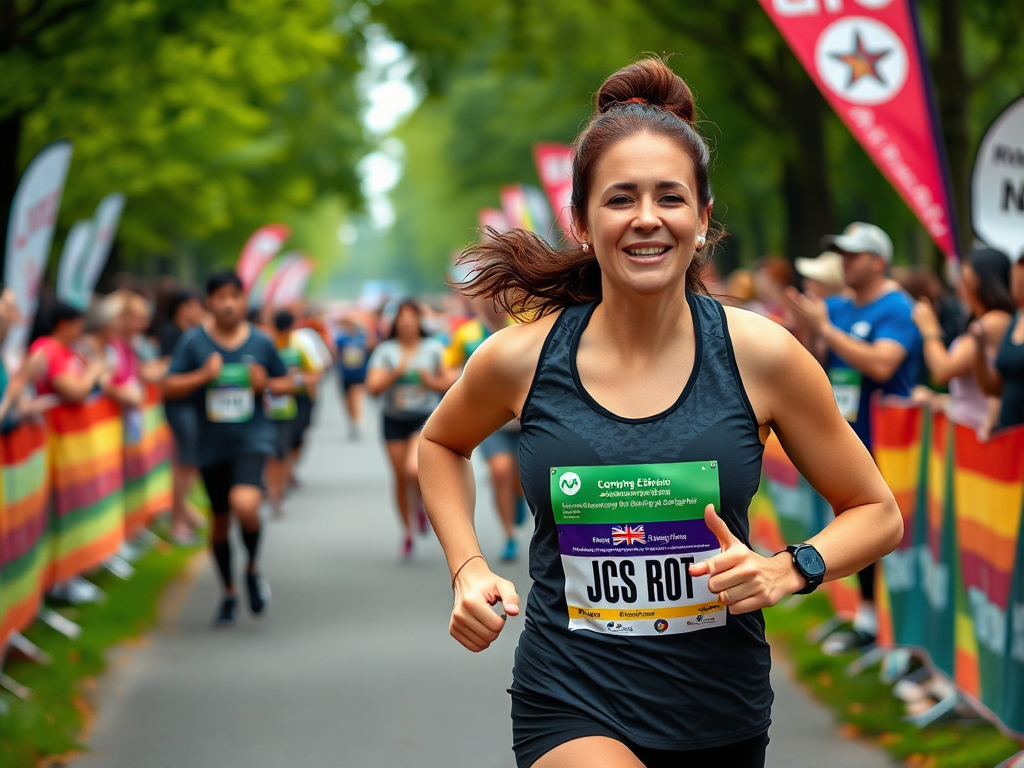 Joyful Runner Celebrates Achievement at Colorful Marathon Event in the Park