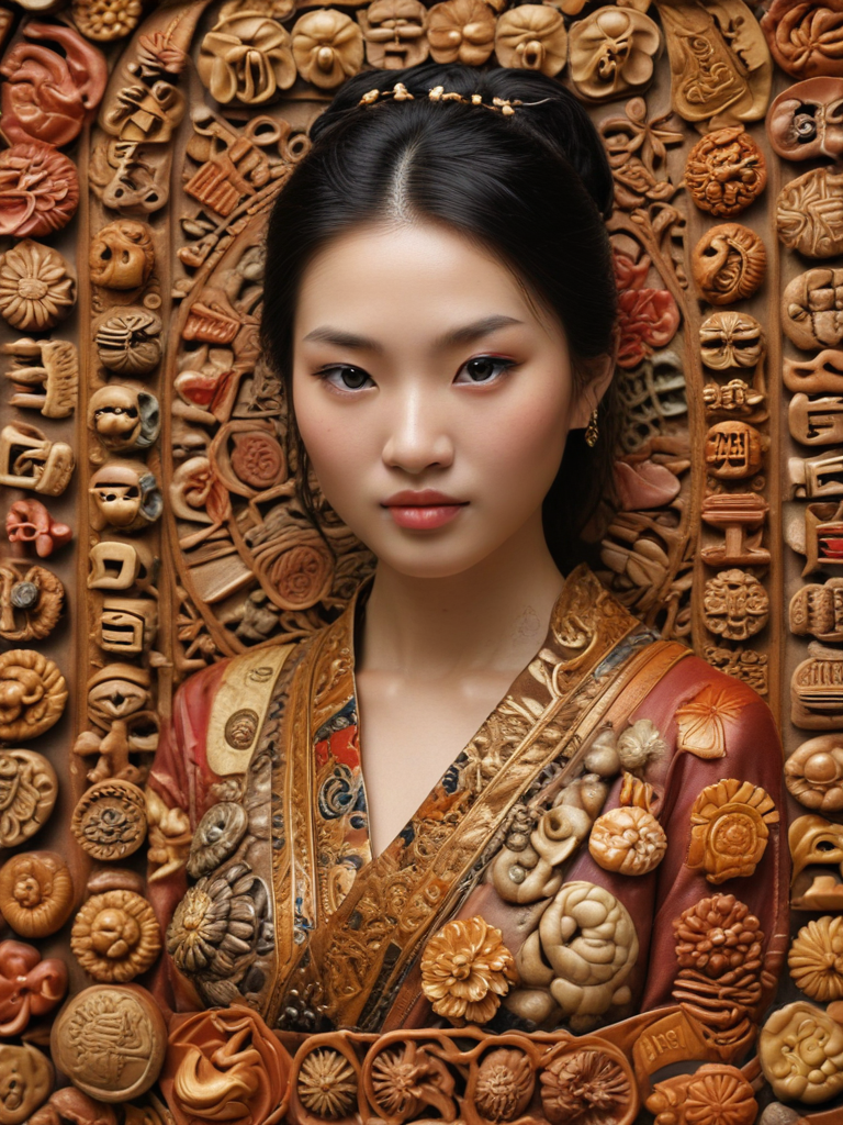 Elegant Portrait of a Woman Surrounded by Intricate Carved Wooden Designs