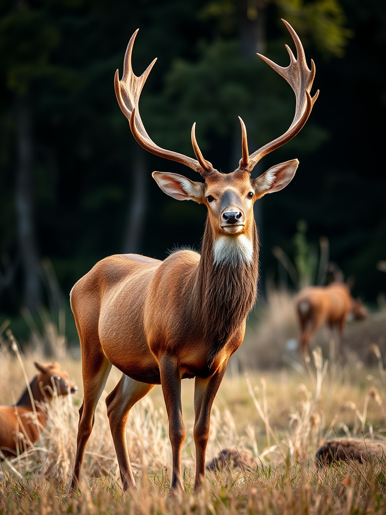 A Majestic Stag Standing Proudly Amidst a Lush Natural Landscape.