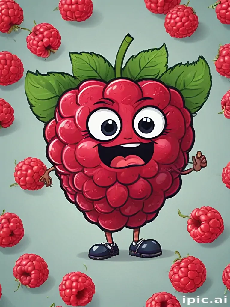 Cheerful Cartoon Raspberry Character Surrounded by Fresh Raspberries on ...