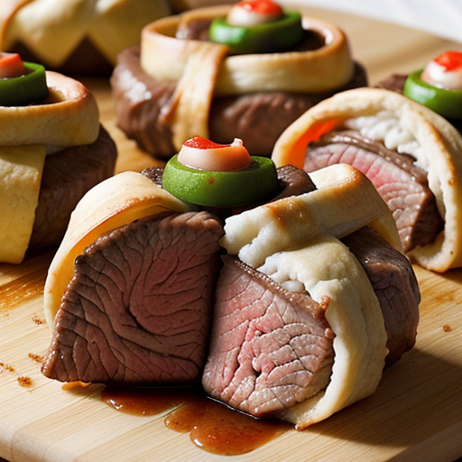 Deliciously Wrapped Beef Rolls with Colorful Toppings and Savory Sauce.