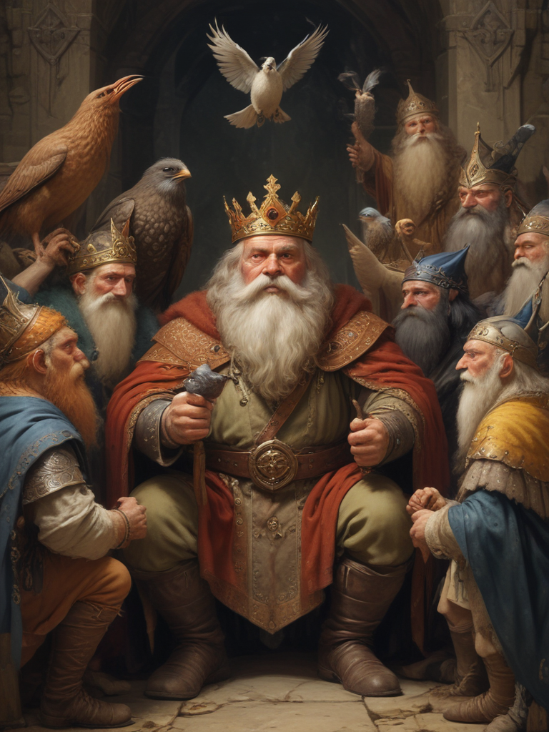 dwarven king being crowned by a counsil of dwarves, humans and a bird ...