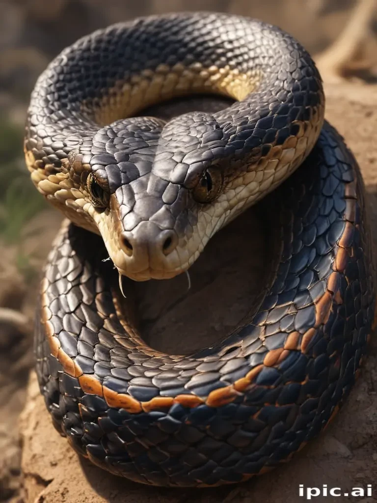 Close-Up View of a Majestic Black Snake Coiled on the Ground