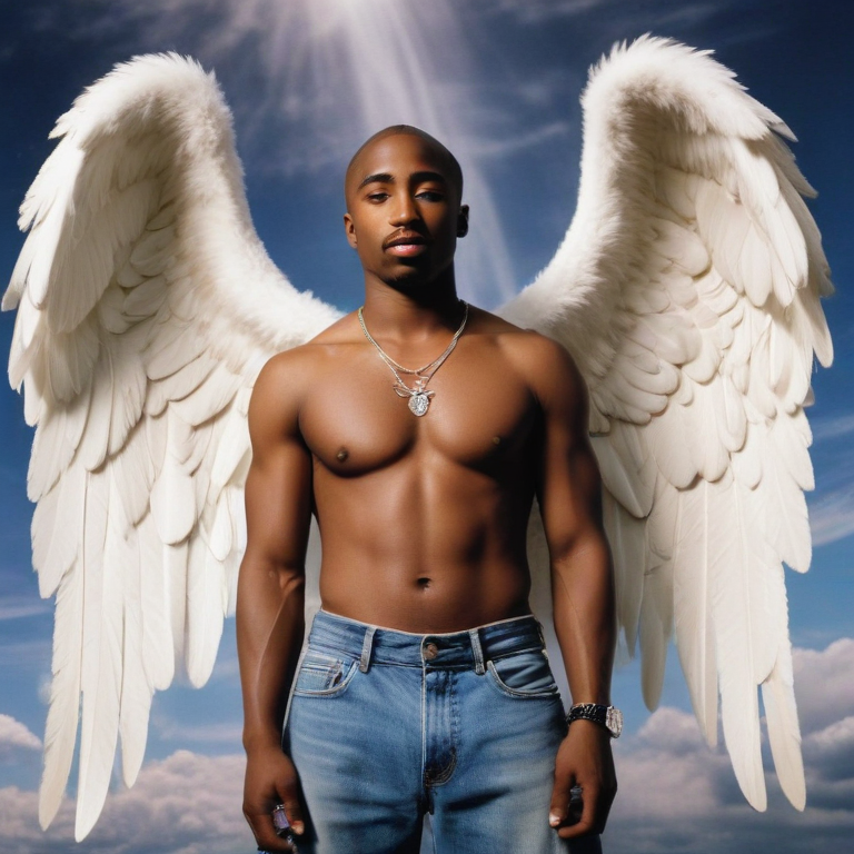 Tupac Shakur standing in heaven with angel wings