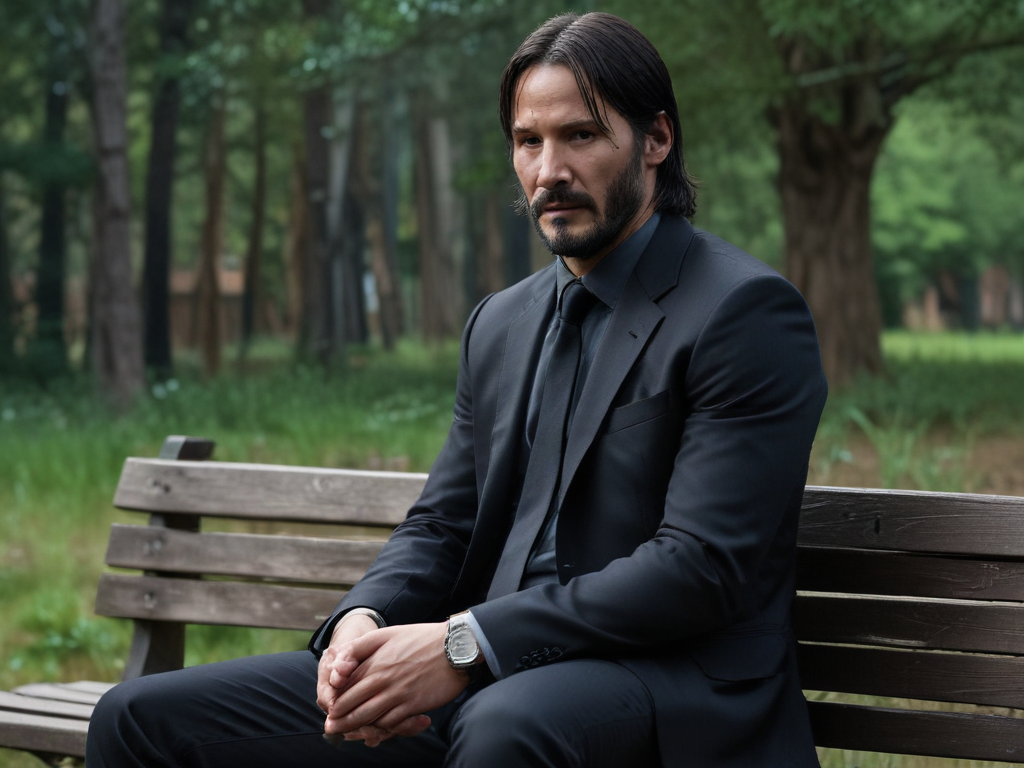 john wick sitting on a bench