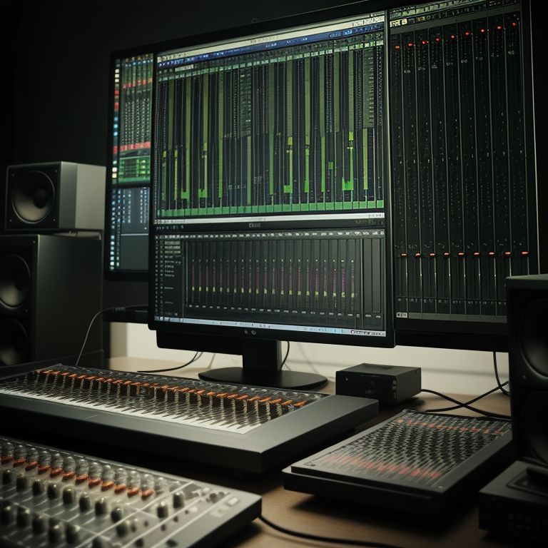 Advanced Music Production Setup Featuring Multiple Monitors and Audio ...