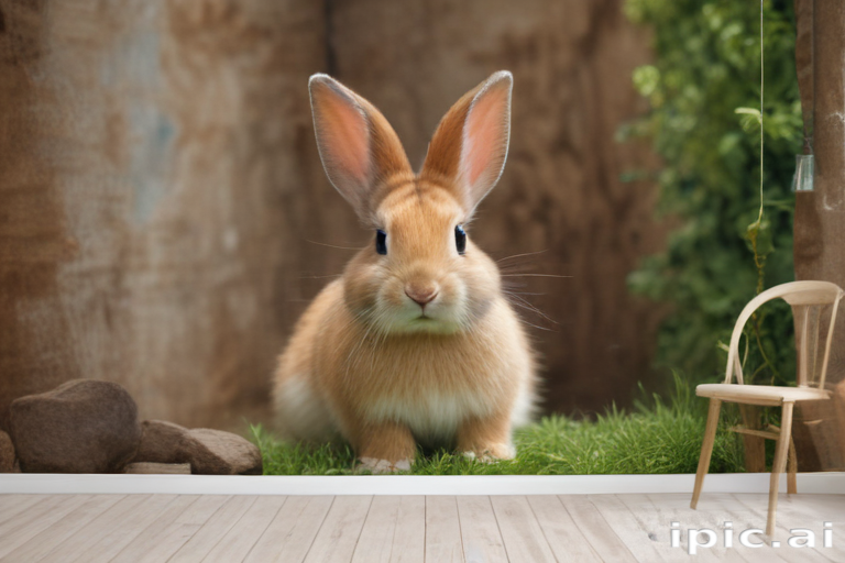 A Cute Rabbit Sitting on Grass in a Cozy Indoor Setting.