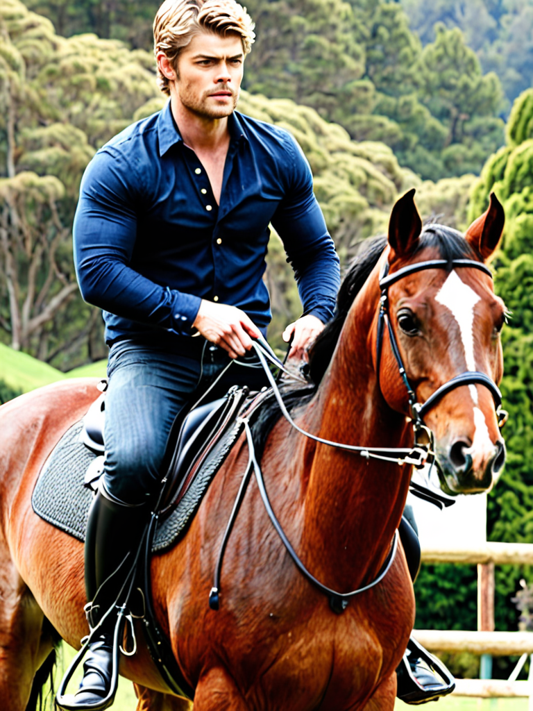 Luke Mitchell riding a horse with Jennifer morrison