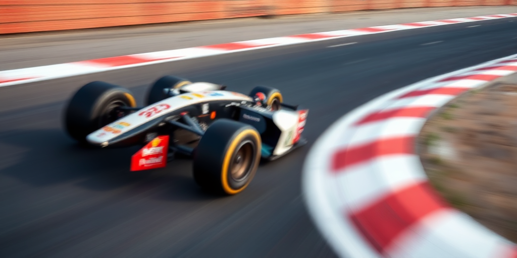 Dynamic Formula One Race Car Racing at Sunset on the Track