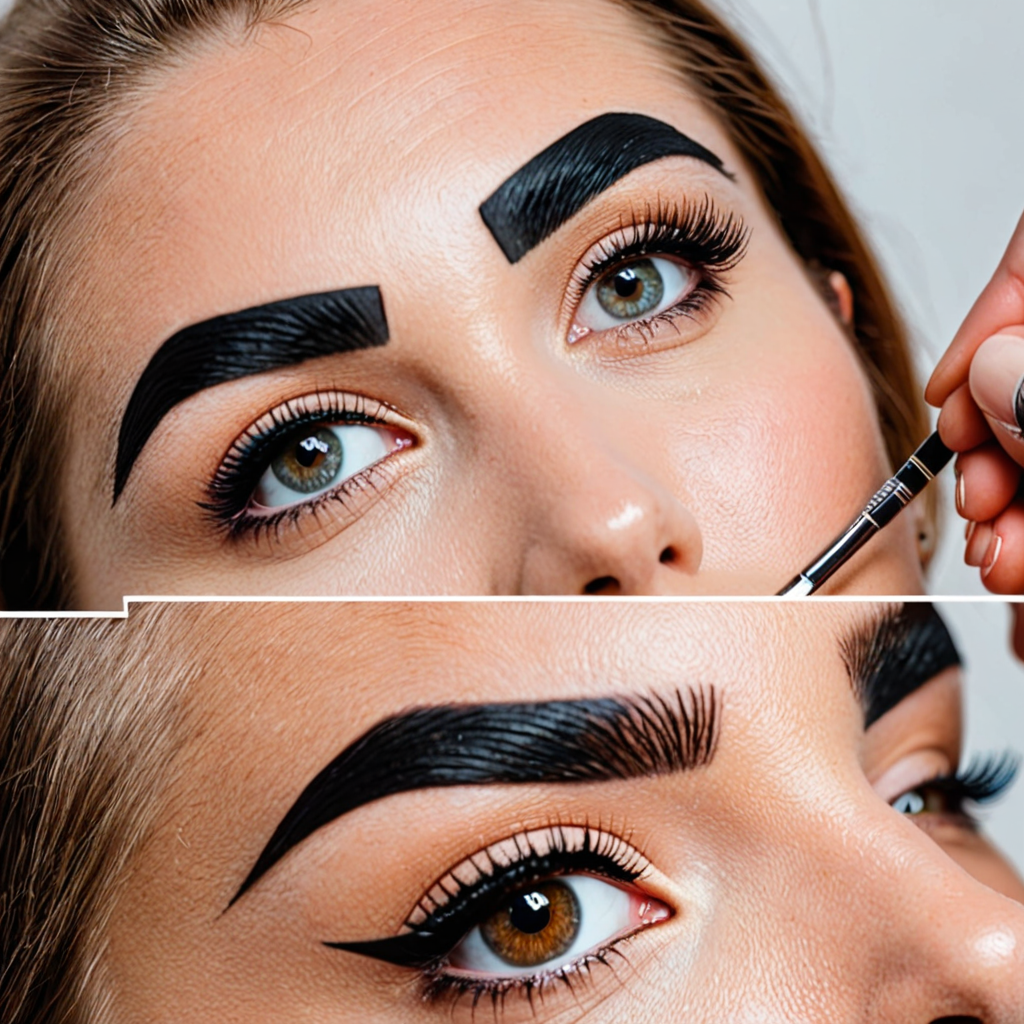 woman doing another woman's eyebrows, halfway through the process
