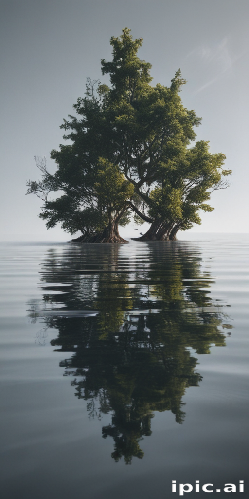 Serene Reflection of Twin Trees Standing Together in Tranquil Waters