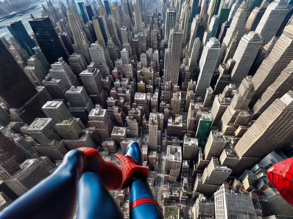 new york street from above; spider-man's point of view while swinging ...
