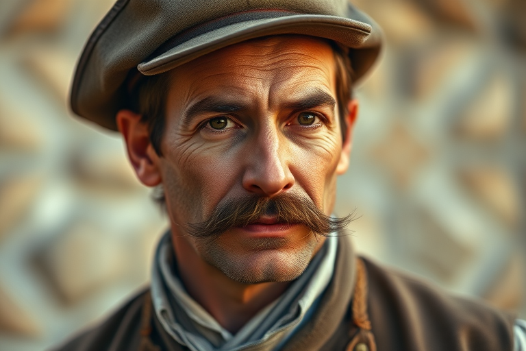 A Thoughtful Man with an Impressive Mustache and Vintage Attire Stares ...