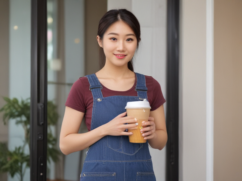 A medium shot of a beautiful Asian woman wait for milk tea delivery at ...