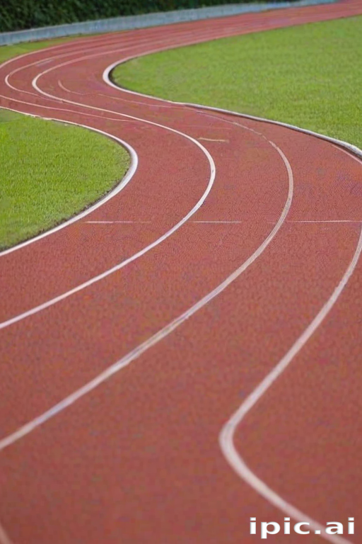 Curved Running Track with Lush Green Grass Alongside the Pathway.