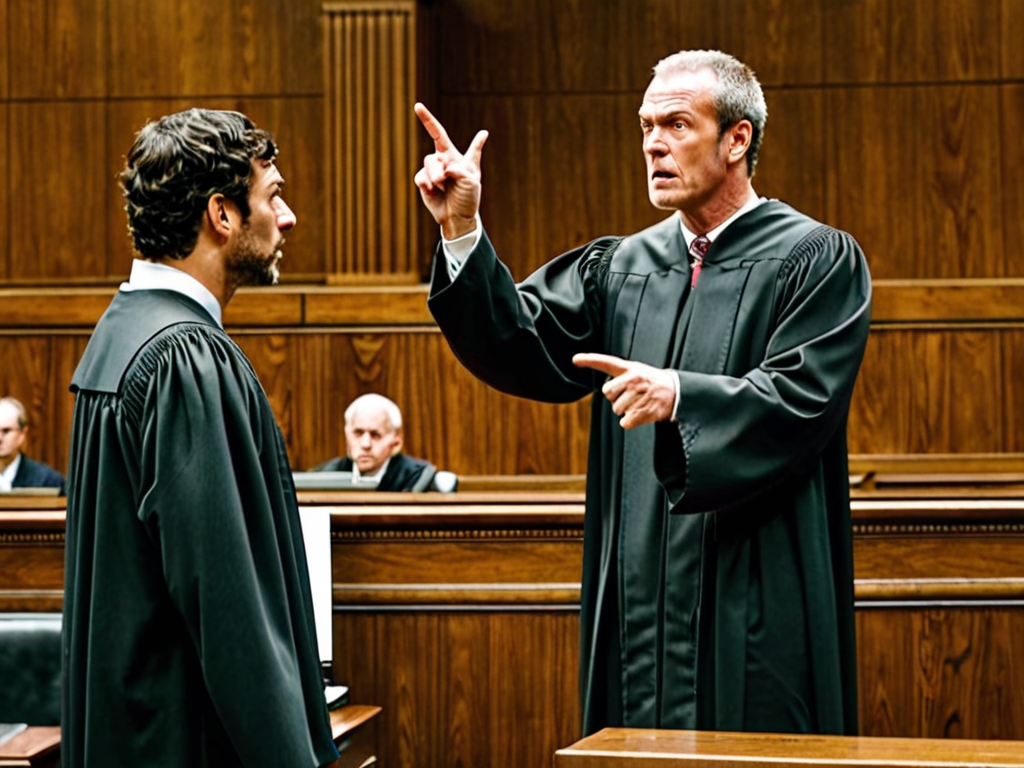 Two men standing before the judge at the court. The right sided man is ...
