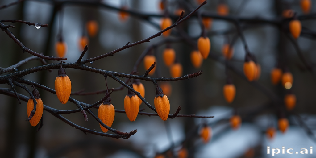 Vibrant Orange Pods Hanging from Branches in a Winter Landscape