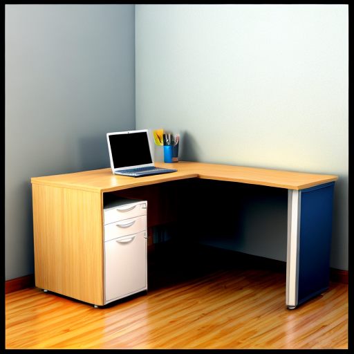 side view office desk and chair, some office props on the desk (digital ...