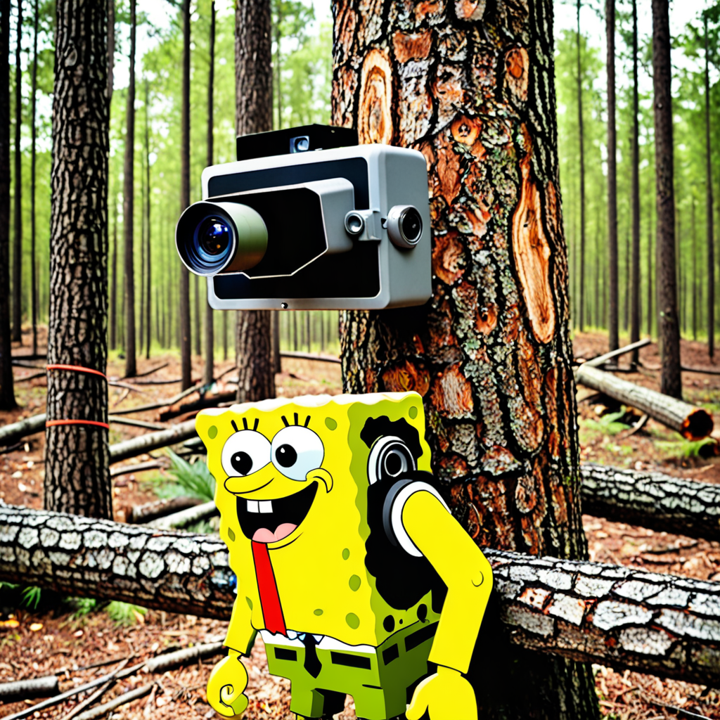 Play SpongeBob looking at the security camera in the forest with a chainsaw