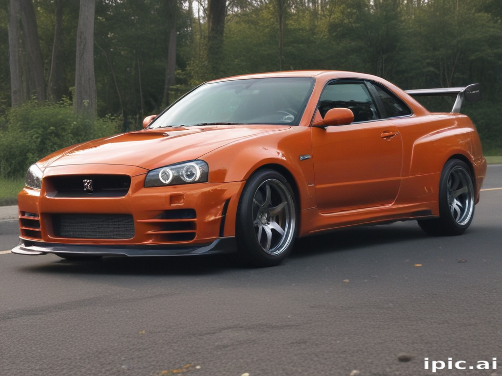 Dynamic Orange Sports Car Accelerating Along a Scenic Forest Road