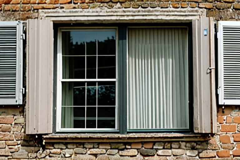 an external straight at camera shot of an office window, shutters down