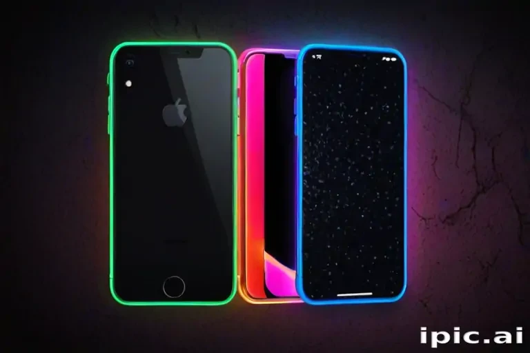 Vibrantly Lit iPhones Showcasing Modern Technology with Colorful Neon Edges