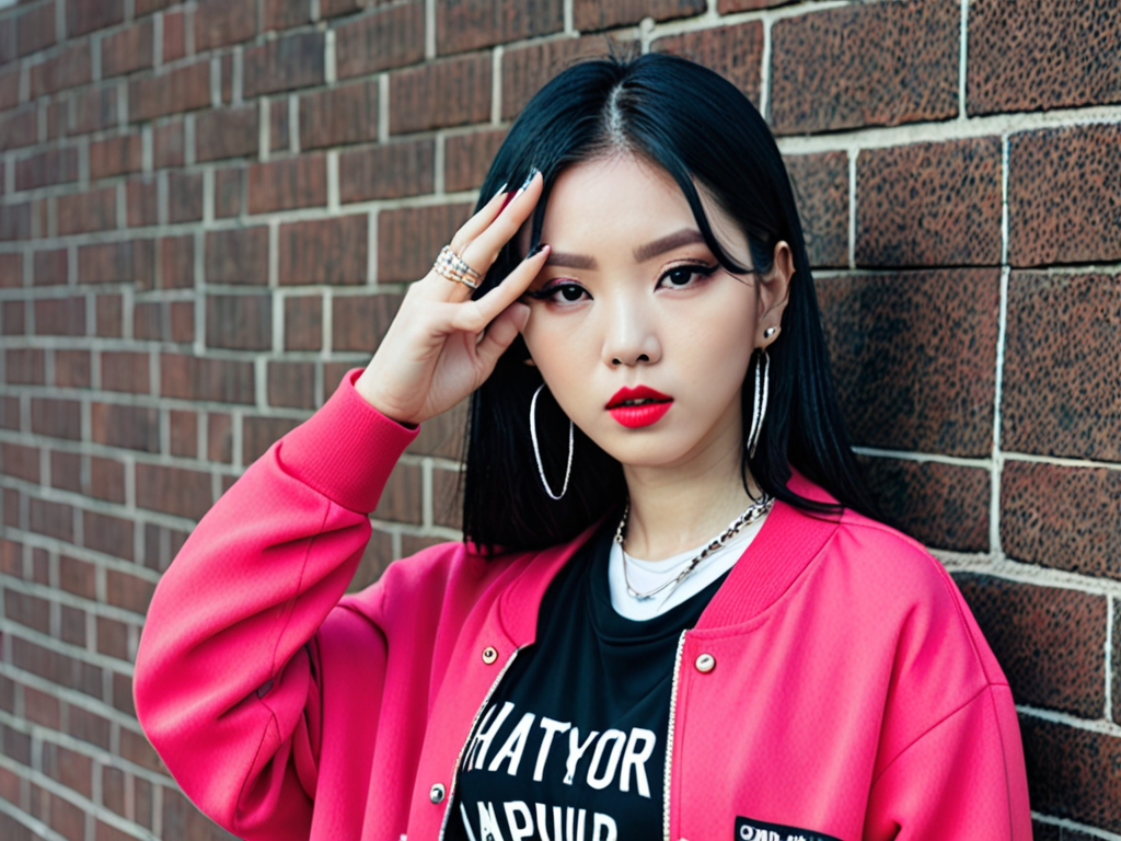Asian girl, pale skin, kpop rapper, with attitude