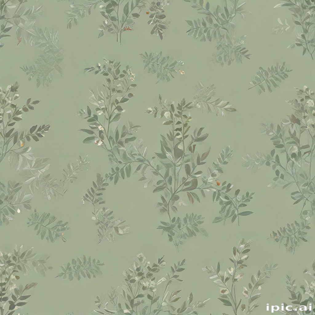 Delicate Green Floral Pattern Featuring Various Leaves and Small Flowers