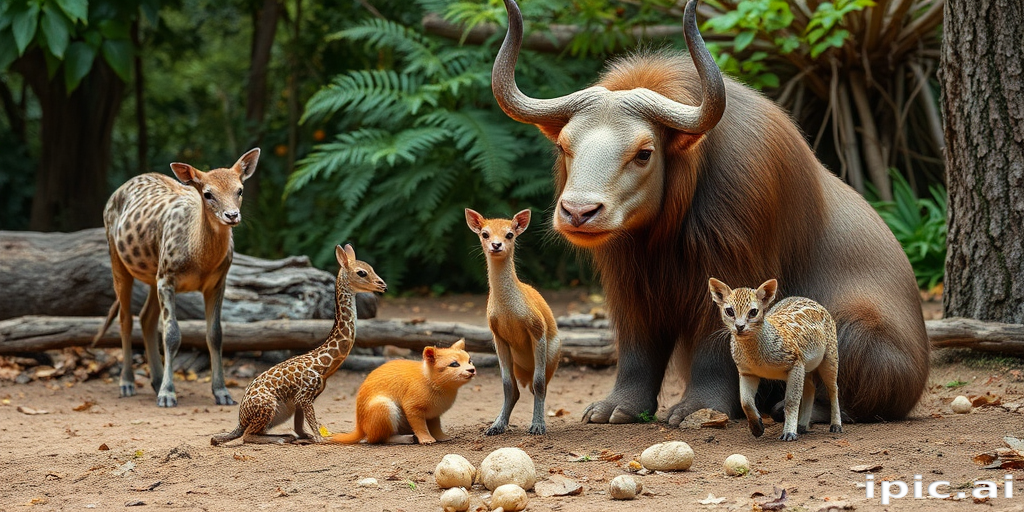 A Gathering of Diverse Animals in a Lush Natural Habitat Scene.