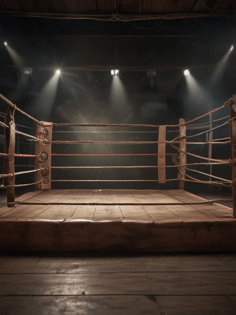 An Empty Boxing Ring Set Under Dramatic Stage Lighting and Atmosphere