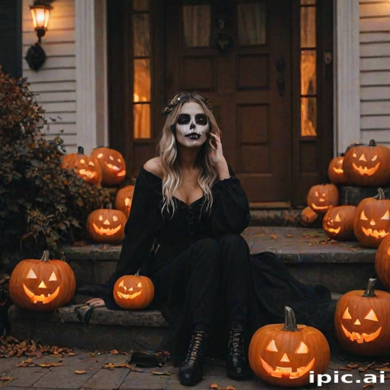 Enchanting Halloween Scene with a Woman Surrounded by Glowing Pumpkins