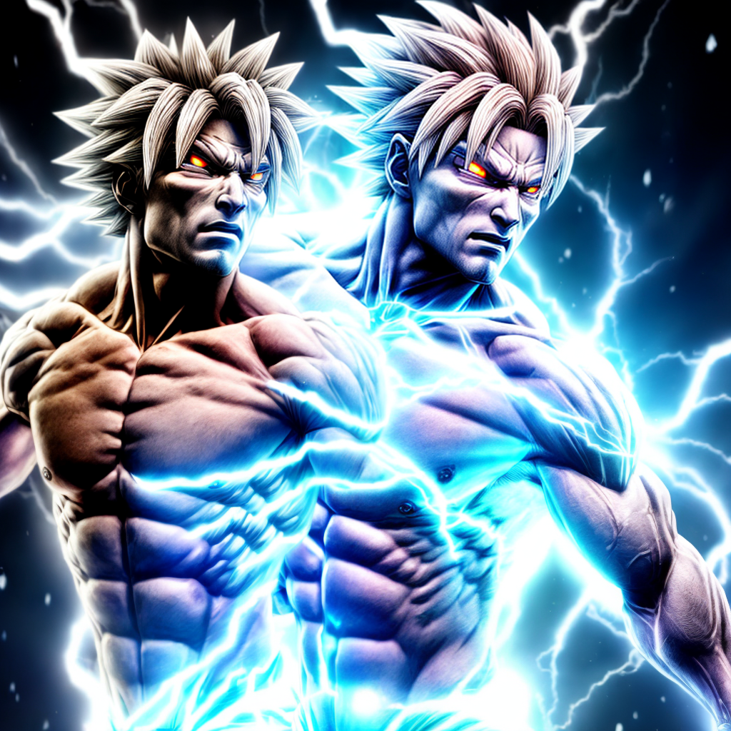 A man transformed into Ultra Instinct, white eyes, a legendary white robe