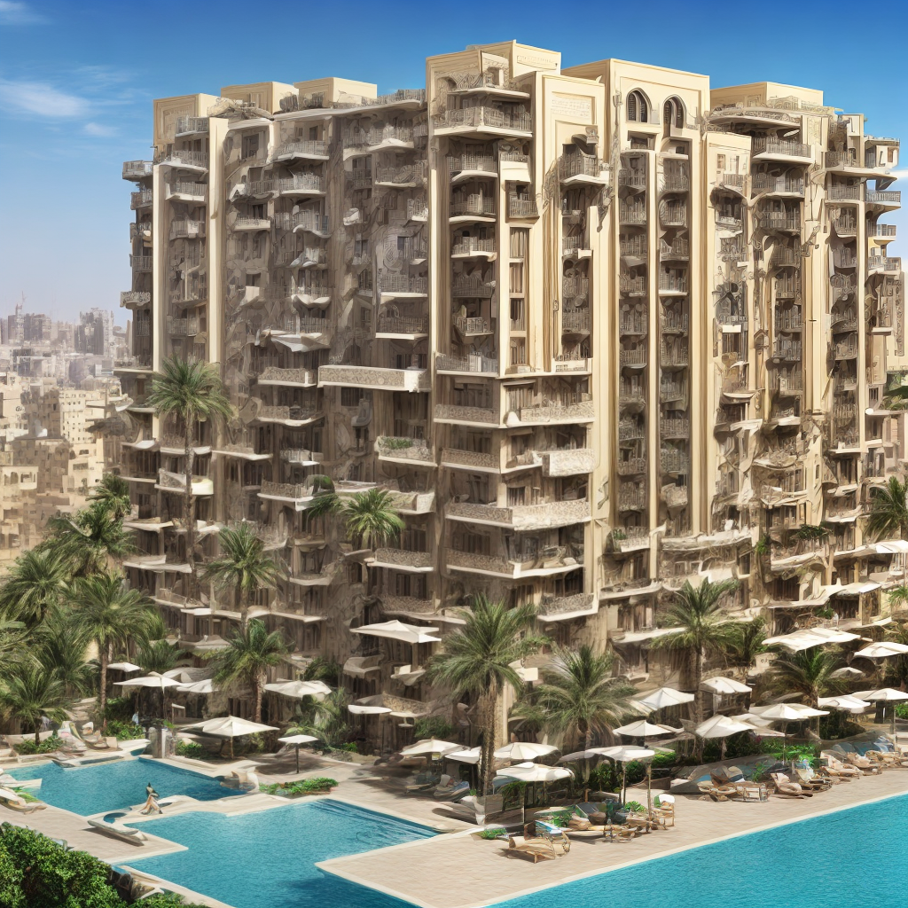 Picture a residential Egyptian-style apartment complex, evoking the ...