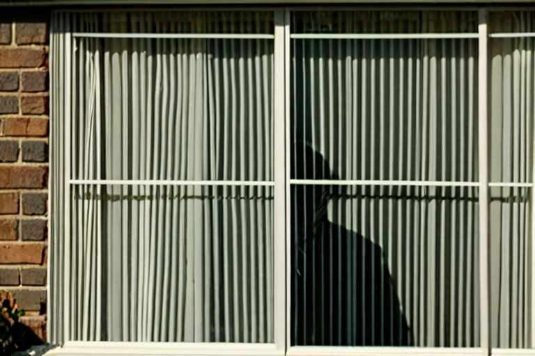 an external straight at camera shot of a residential window, shadowy ...
