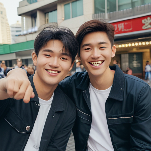 korean male friends smiling and taking photo in seoul