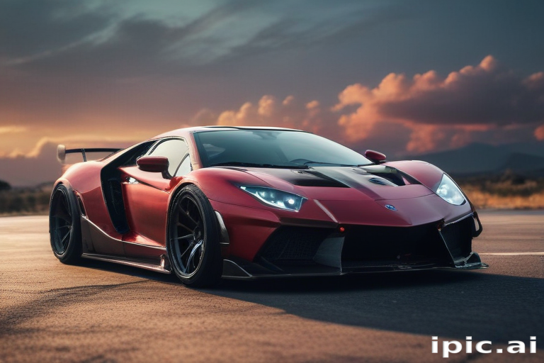 Stunning Red Sports Car Showcasing Sleek Design Against a Dramatic Sunset