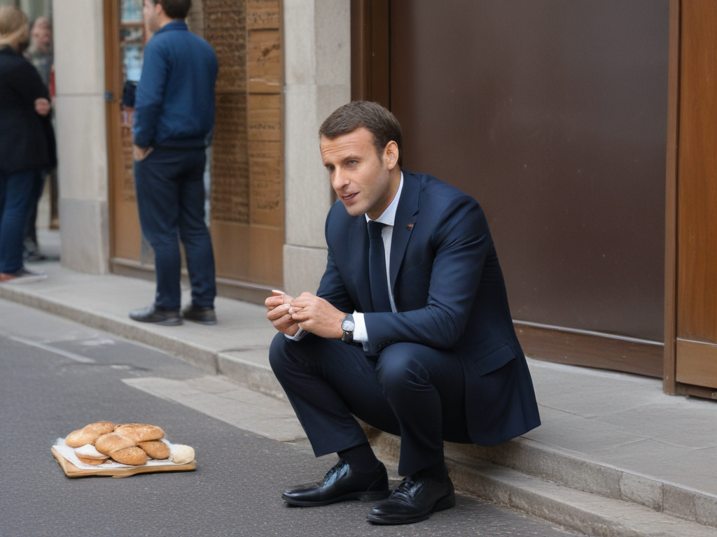 emmanuel macron sitting on the ground in the street begging for bread