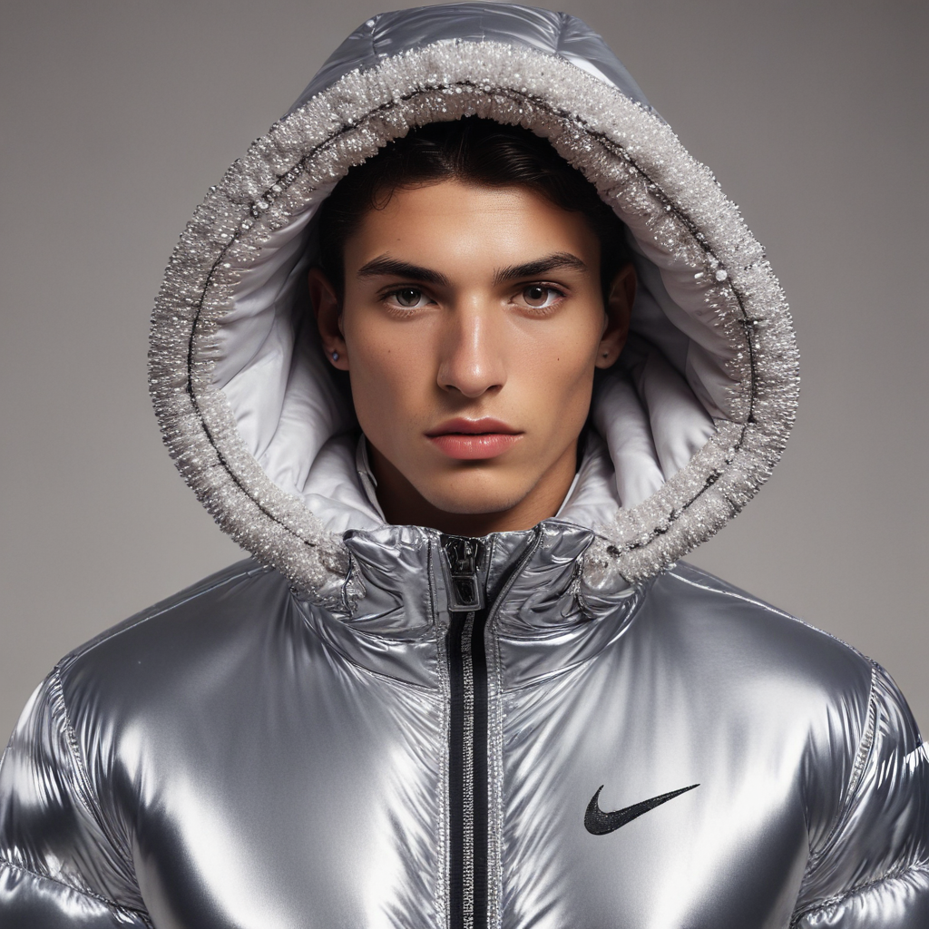 Male supermodel nike shiny puffer jacket bling jewellery hood