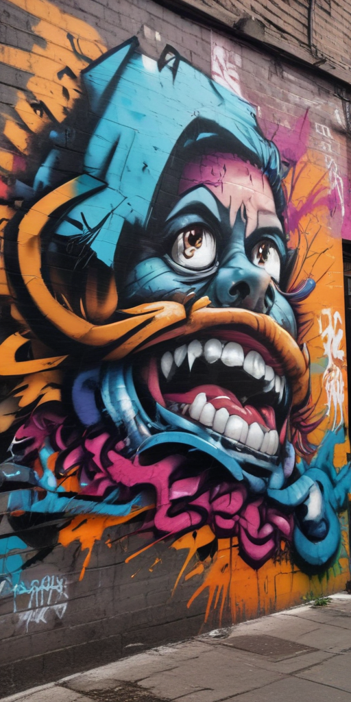 Vibrant Street Art Featuring an Exaggerated Face with Bold Colors and ...