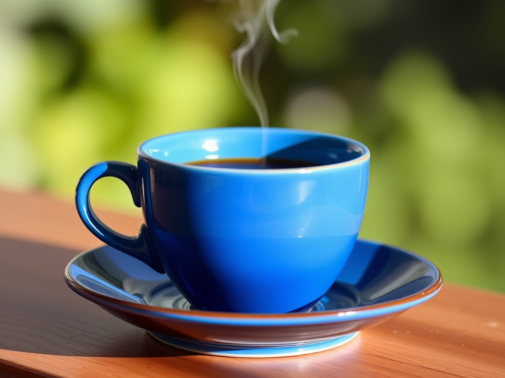 A vibrant blue coffee cup on a saucer with steam rising, captured with ...