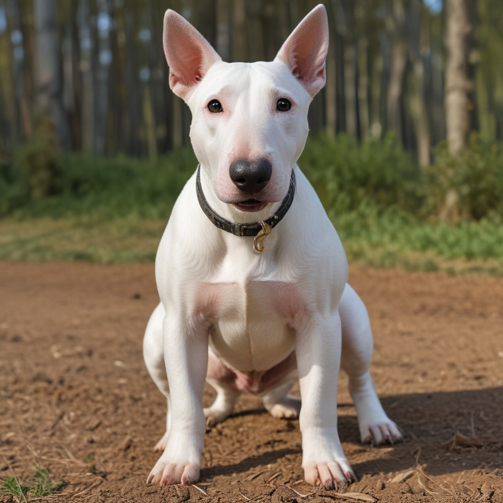 A Playful Bull Terrier Sitting Proudly in a Lush Green Forest.
