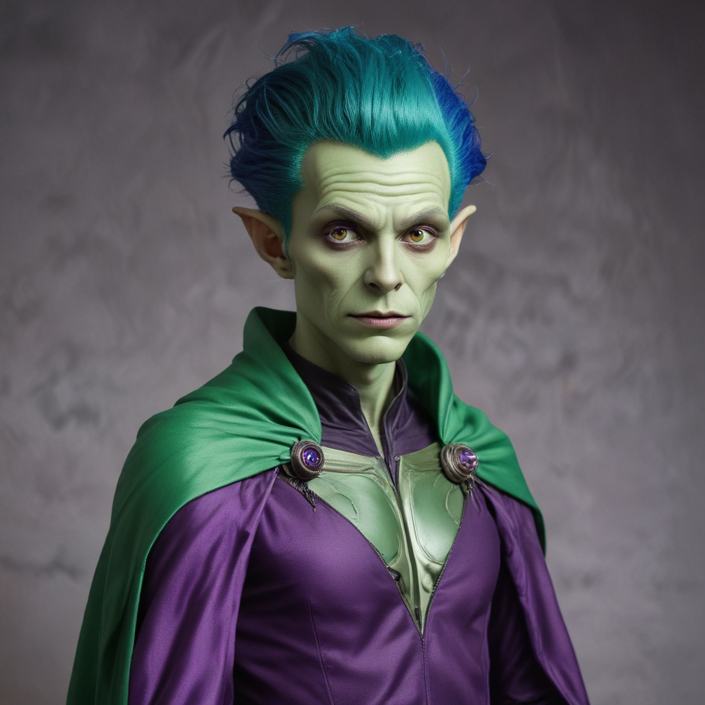 Male alien with green hair and purple cape