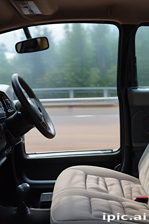 Interior View of a Car with Open Window on a Foggy Road
