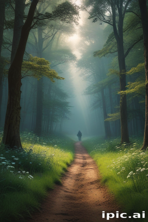 A Serene Path Through a Misty Forest, Illuminated by Soft Sunlight