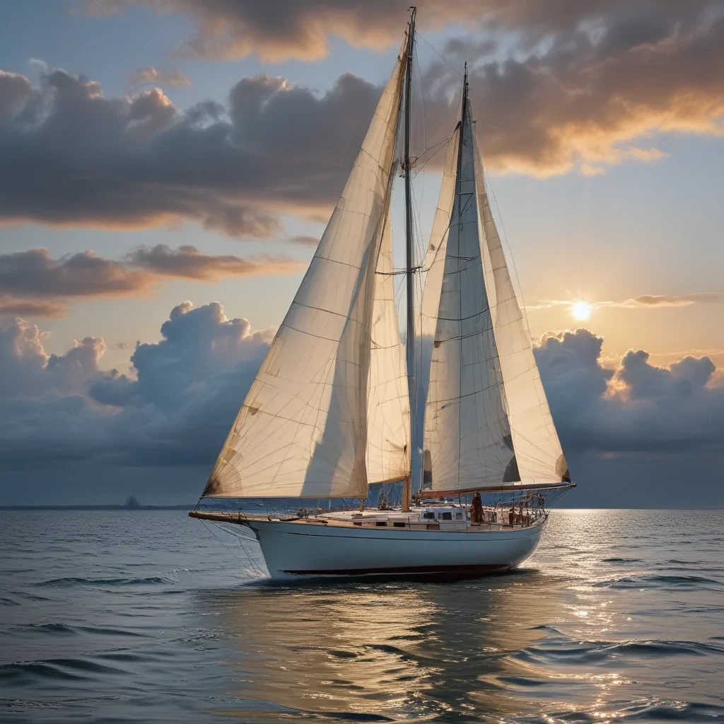 Serene Sunset Sail: A Majestic Tall Ship Gliding Over Calm Waters