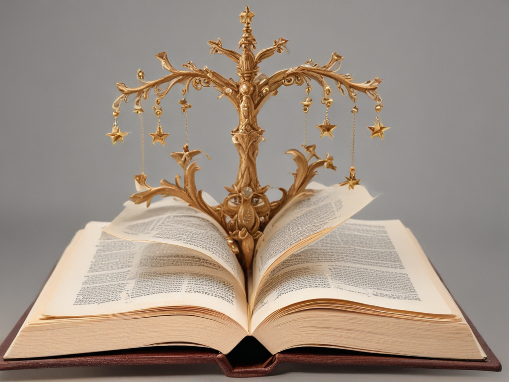 An Elegant Golden Tree Sculpture Adorning an Open Book with Pages Flipping