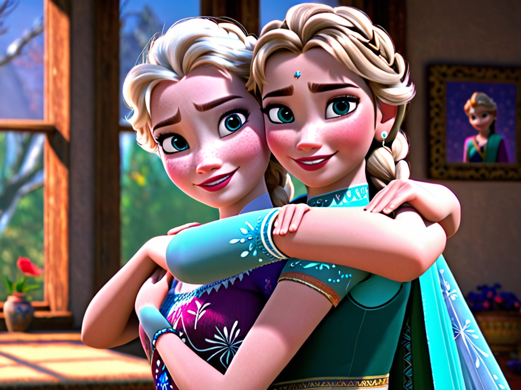 Elsa hug Anna in saree indian smile frozen disney smile look at camera ...