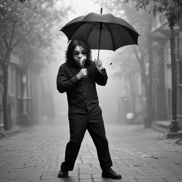 A man dancing alone desperately with an umbrella and a mask covering ...
