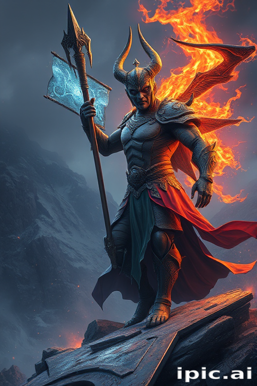 Epic Fantasy Warrior Holding a Flaming Spear Amidst Fiery Landscape