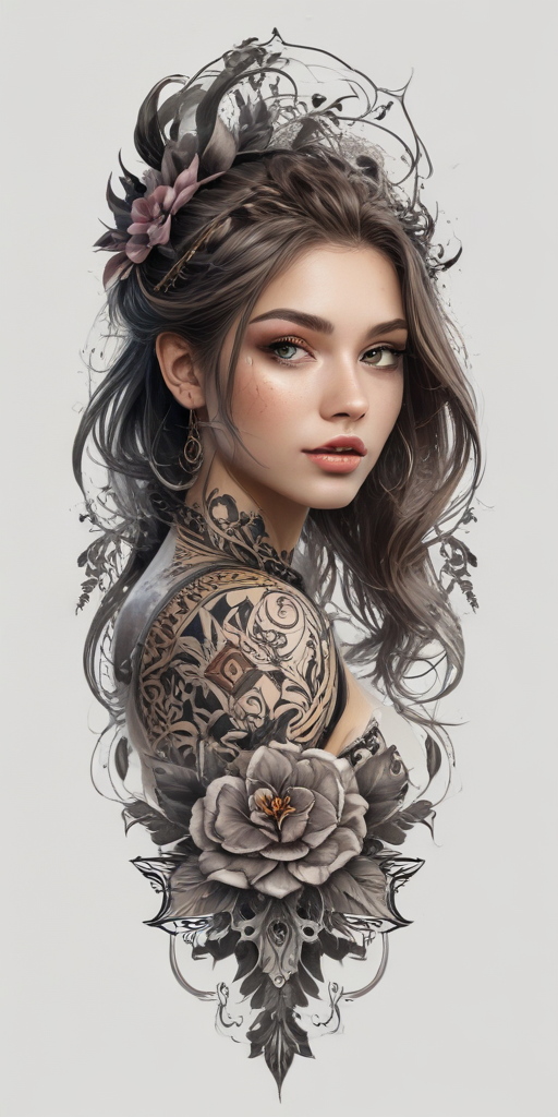 Intricate Portrait of a Woman with Elegant Tattoos and Floral Accents